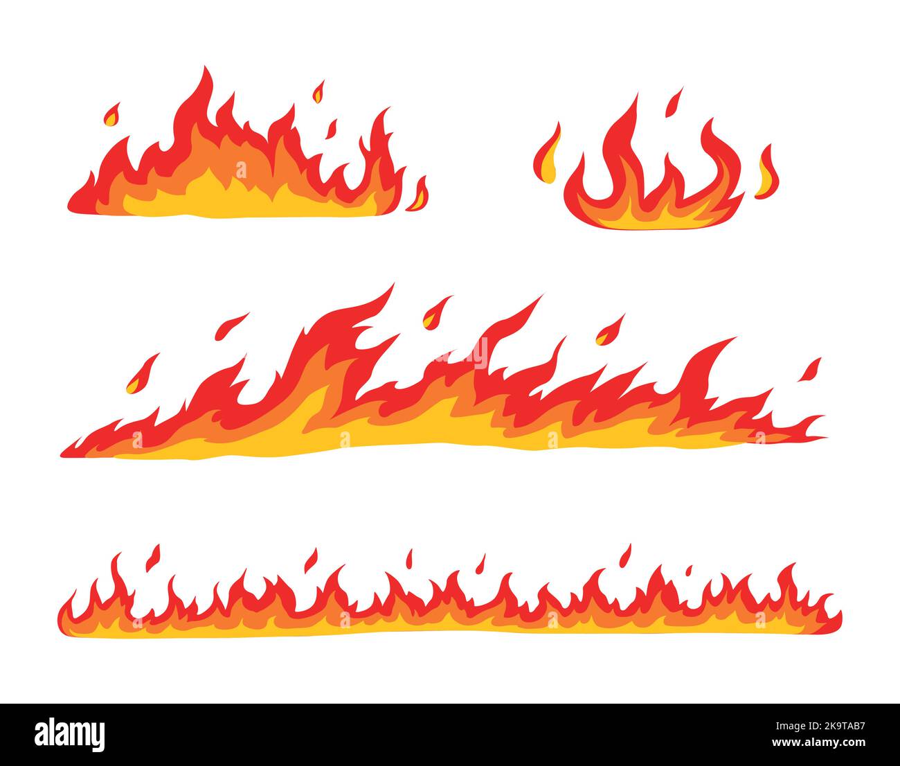 Flamme. Dessin animé feu de joie et contour des éléments décoratifs ...