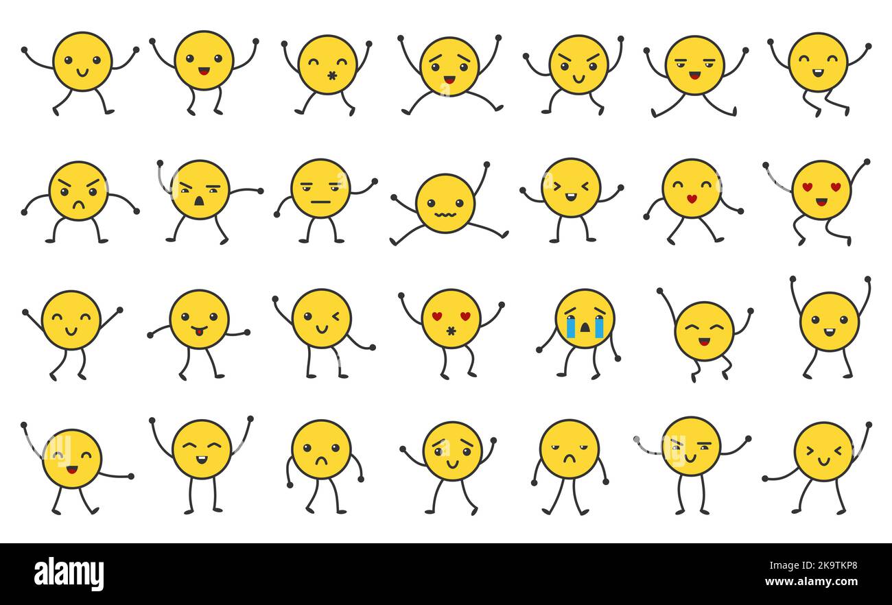 Émoticone dessin animé jaune humain. Emoji avec les mains et les jambes ...