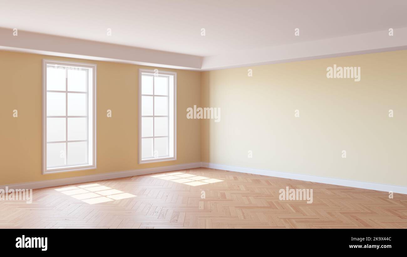 Intérieur beige avec murs en plâtre, deux fenêtres, plafond blanc et cornice, parquet brillant à ...