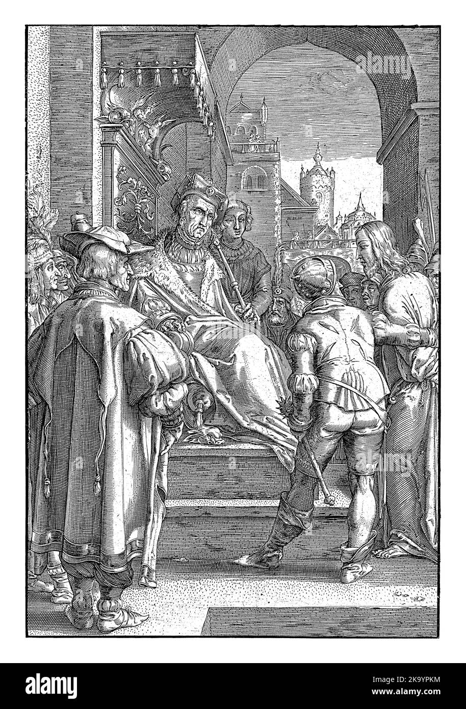 Le Christ est amené devant Pilate, qui est assis sur un trône Photo ...