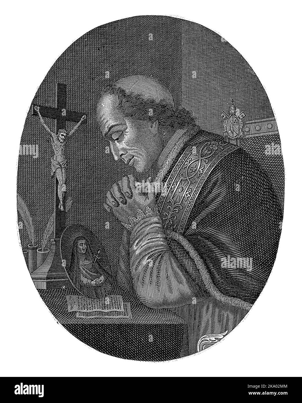 Le pape Pie VII, à mi-longueur à droite, priant à une table. Sur la ...