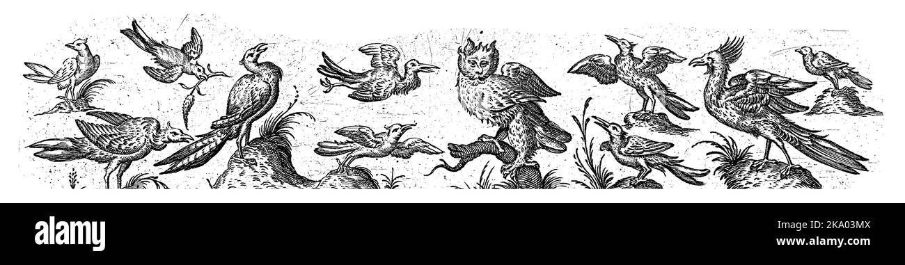 Frison avec onze oiseaux, à l'extrémité droite est un arbre, anonyme ...