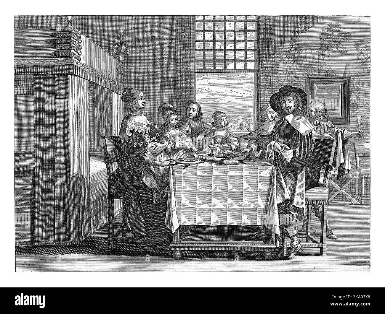 Intérieur avec une famille autour d'une table fixe, prendre un repas ...