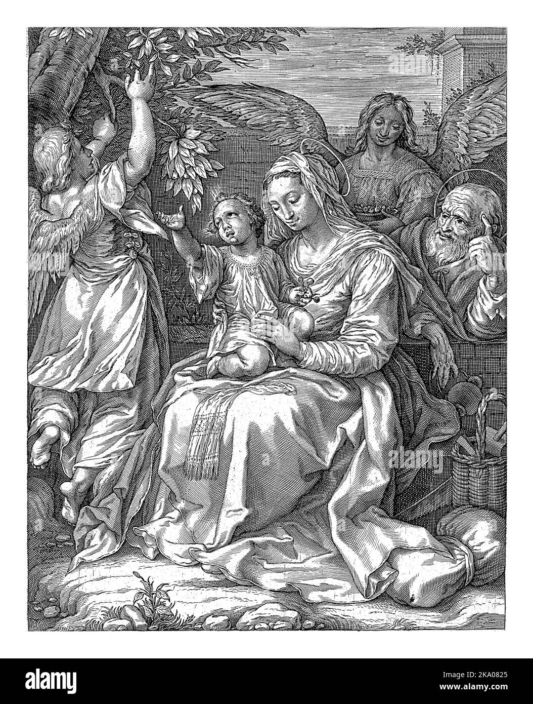 Sainte famille avec deux Anges, Jacob Matham, 1602 - 1605 Marie et ...