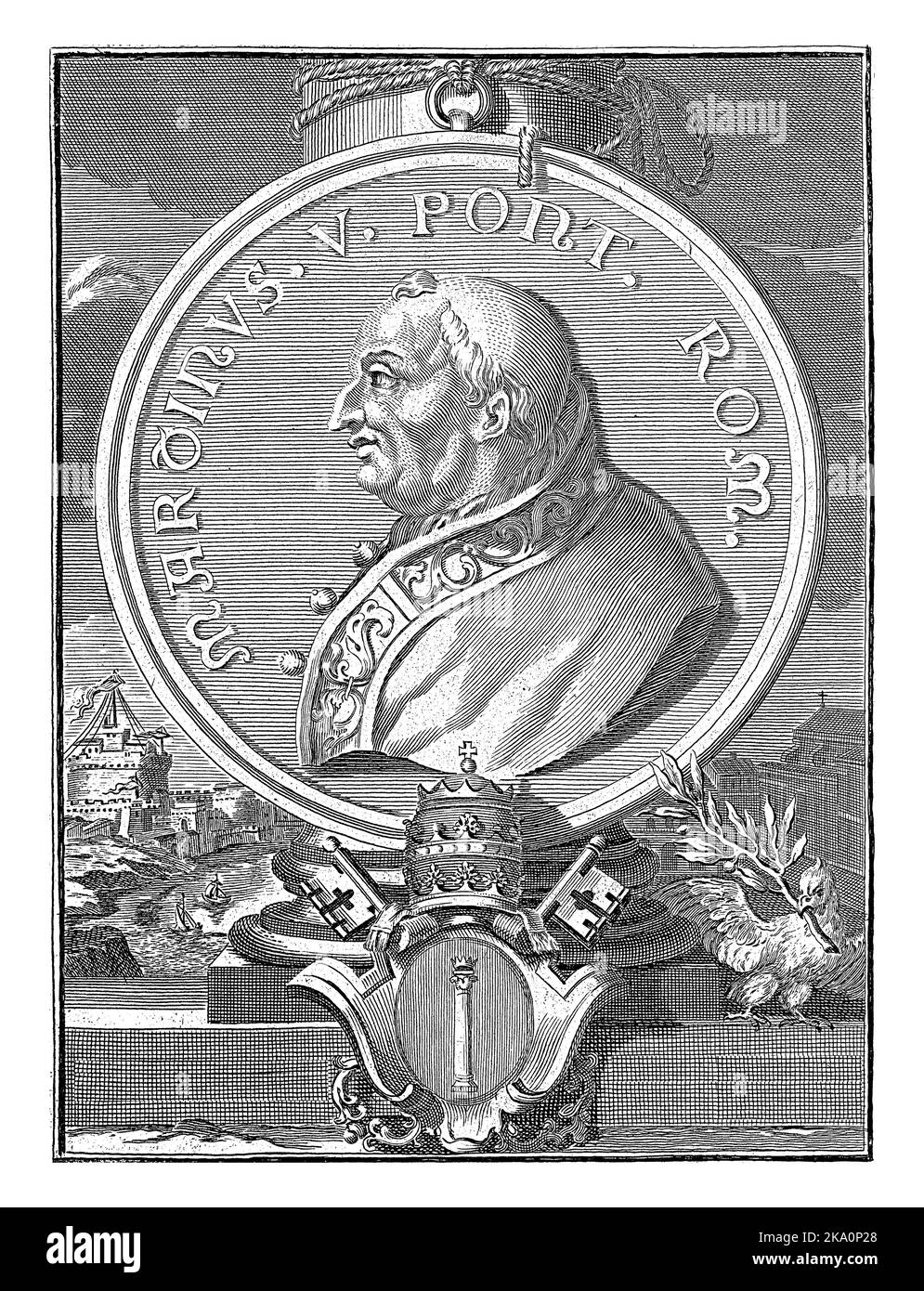 Médaille avec le portrait du Pape Martin V. au bas de son blason. Un ...