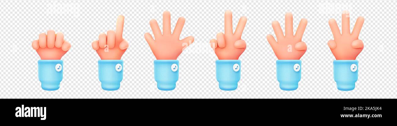 Ensemble de 3D mains montrant un à cinq doigts et poing png isolé sur ...