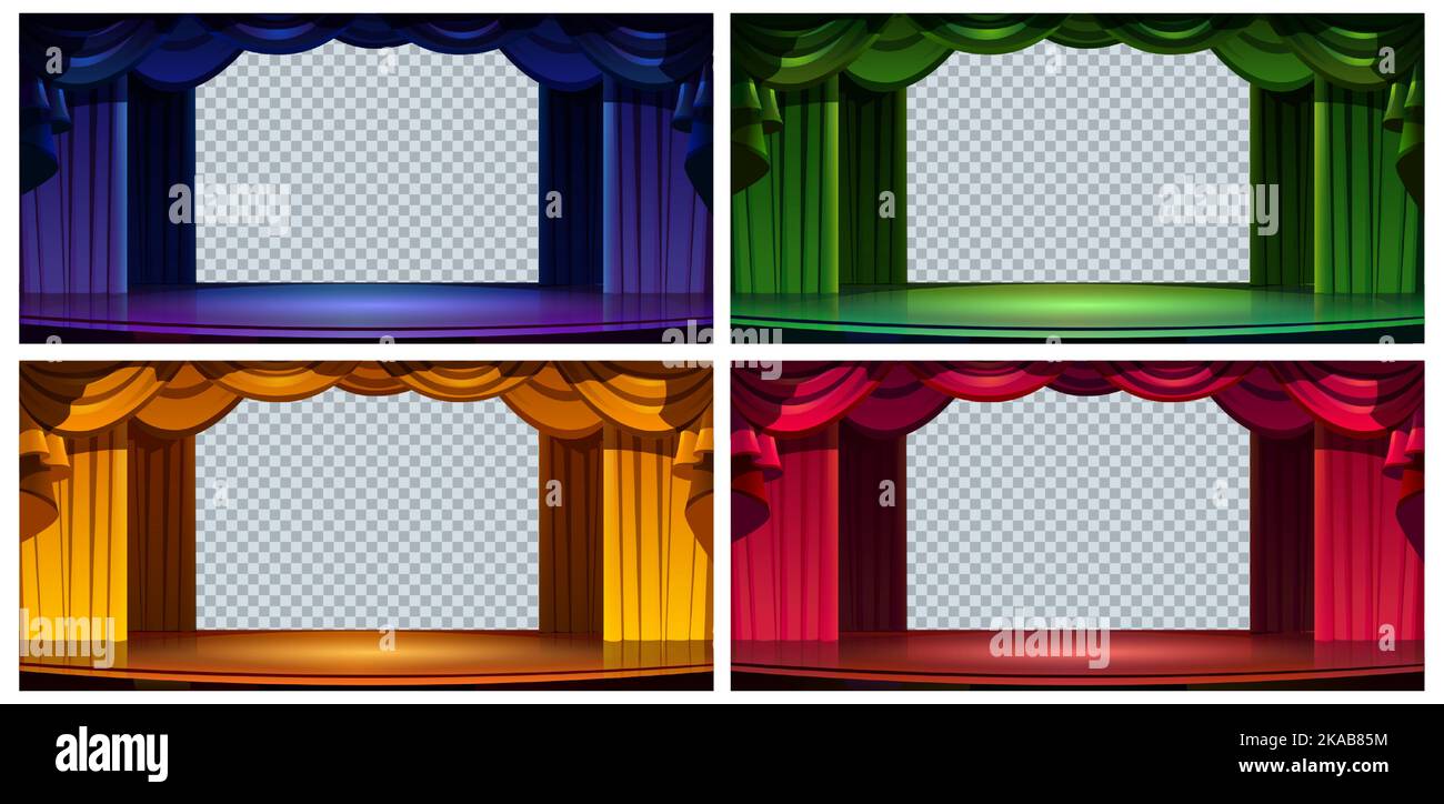 Rideaux de scène ensemble isolé, cadres vides de rouge, bleu, vert et ...