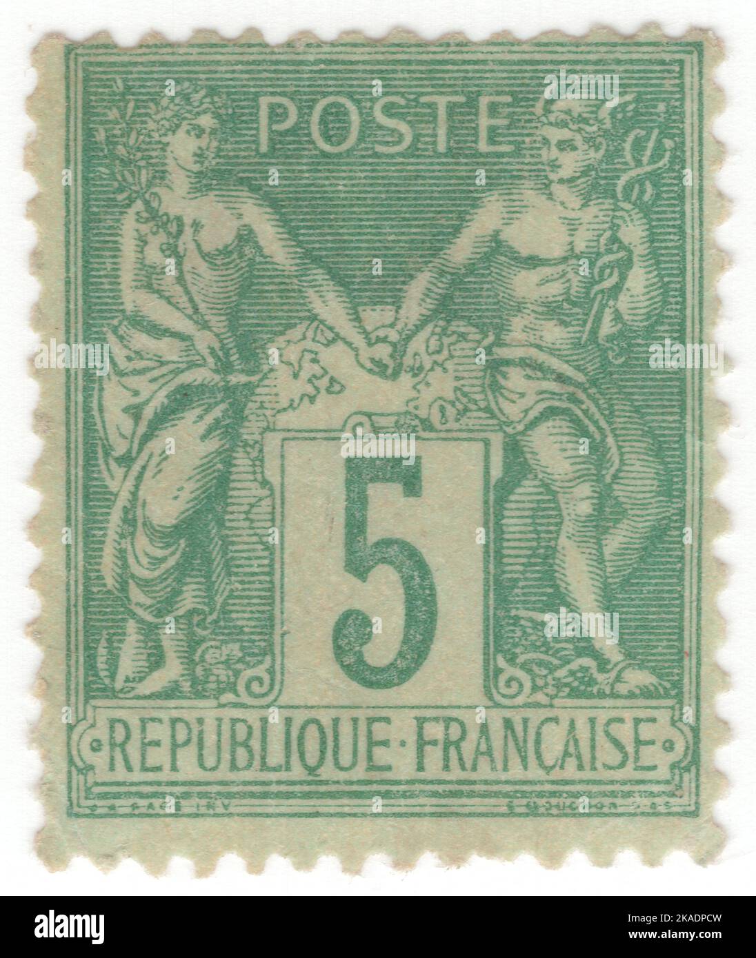 FRANCE - 1876 : un timbre-poste vert de 5 centimes représentant une ...
