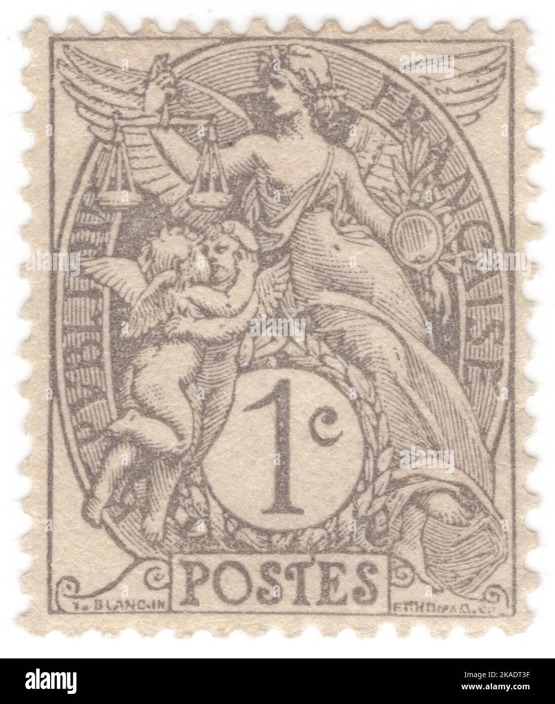 FRANCE - 1900 : timbre-poste gris clair de 1 centimes représentant l ...
