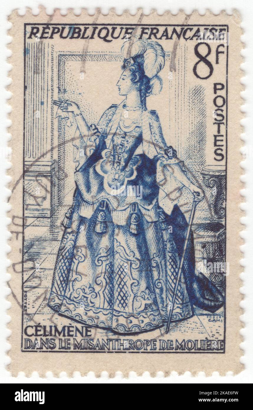 FRANCE - 1953 : timbre-poste indigo et ultra-amarré de 8 francs ...