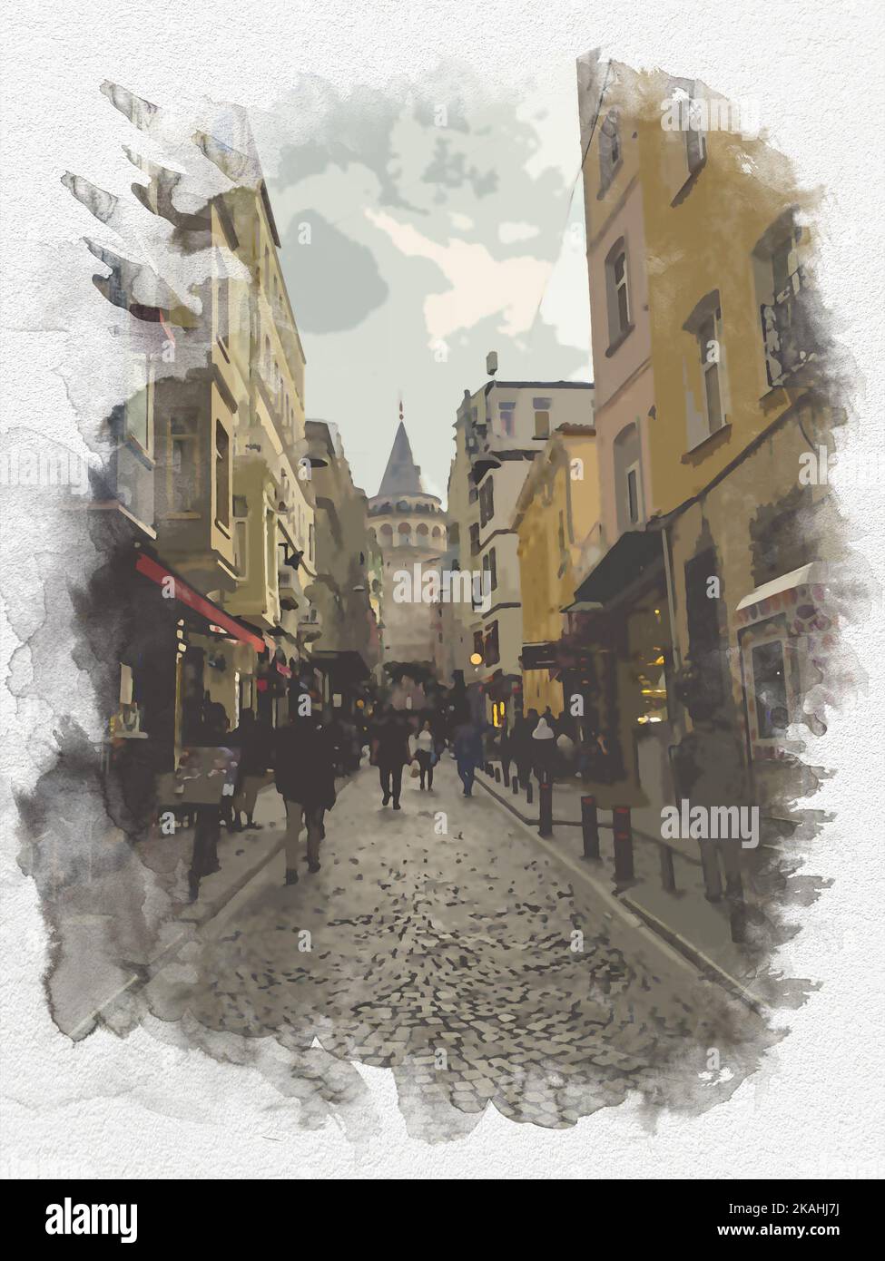 Concept de l'idée d'aquarelle Tour de Galata, peinture de dessin de rue ...