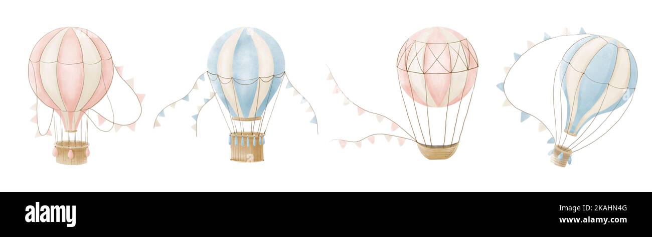 Ensemble de ballons d'air chaud aquarelle. Avion avec panier et ...