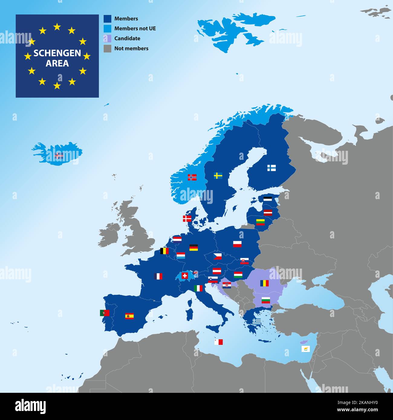 Carte de l'espace Schengen avec frontières et drapeaux des pays, Europe ...