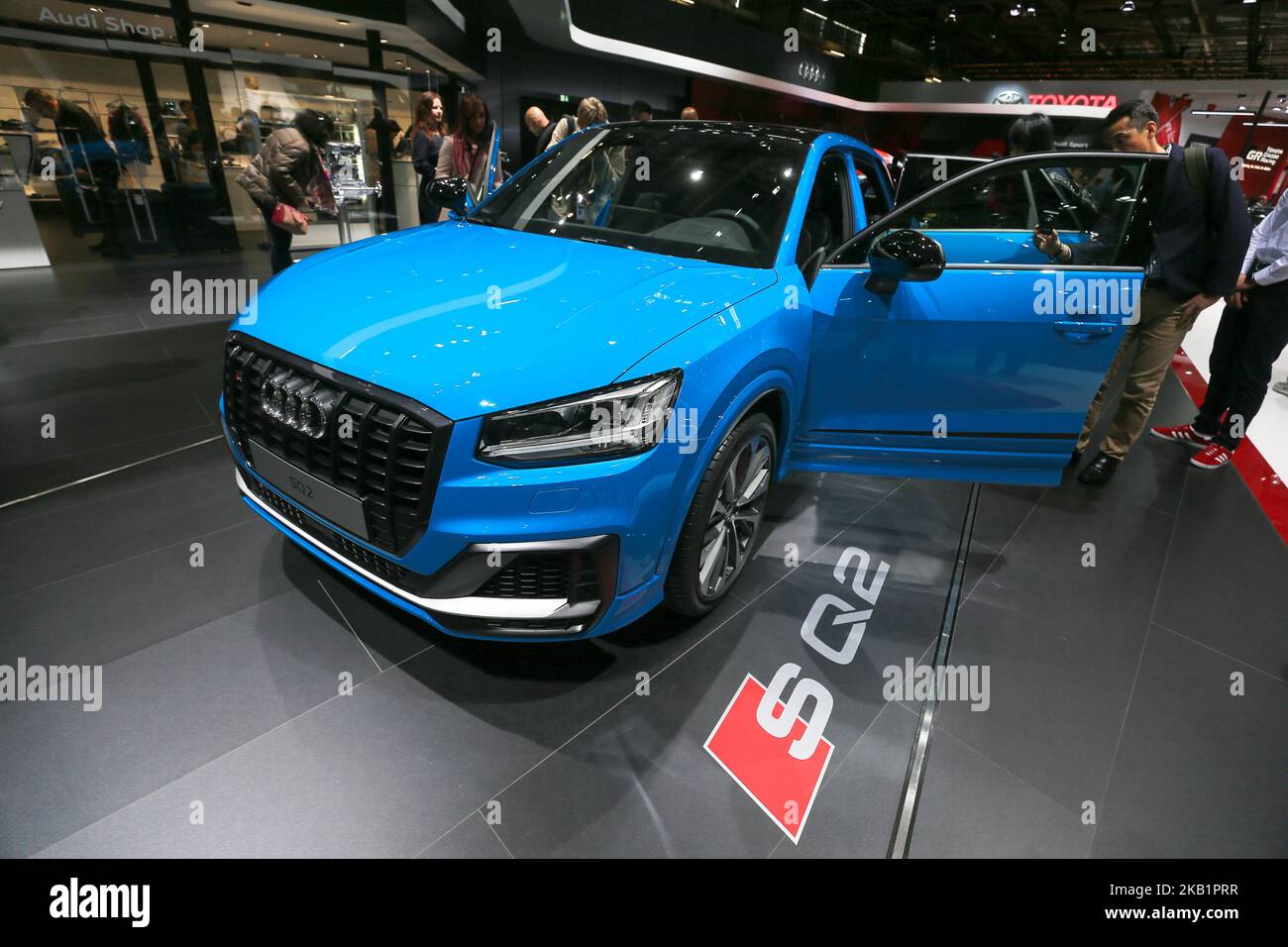 La voiture modèle Audi SQ2 est vue lors du premier jour de presse du salon de l'automobile de ...