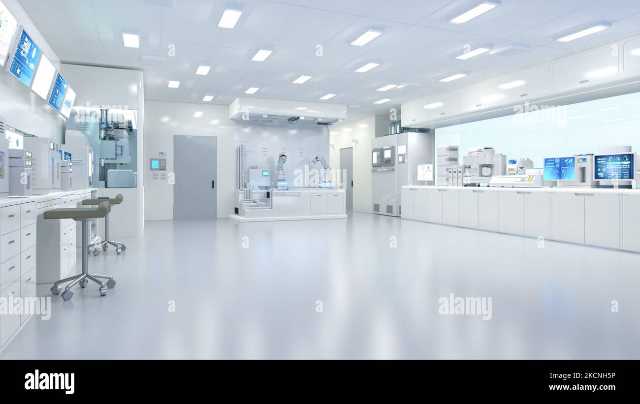 3d intérieur de laboratoire numérique futuriste blanc dans une usine de ...