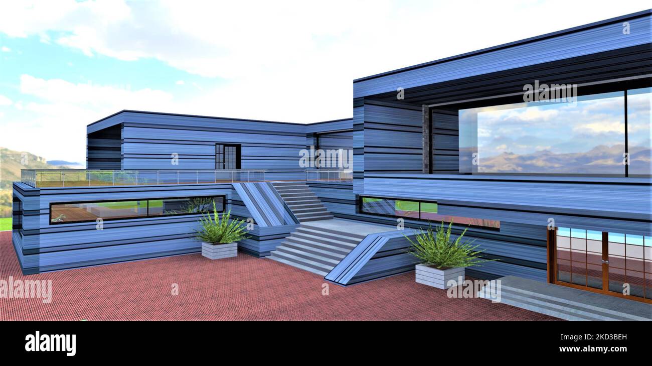 Boîtier privé de pointe garni de panneaux en métal gris. Pavés en ...