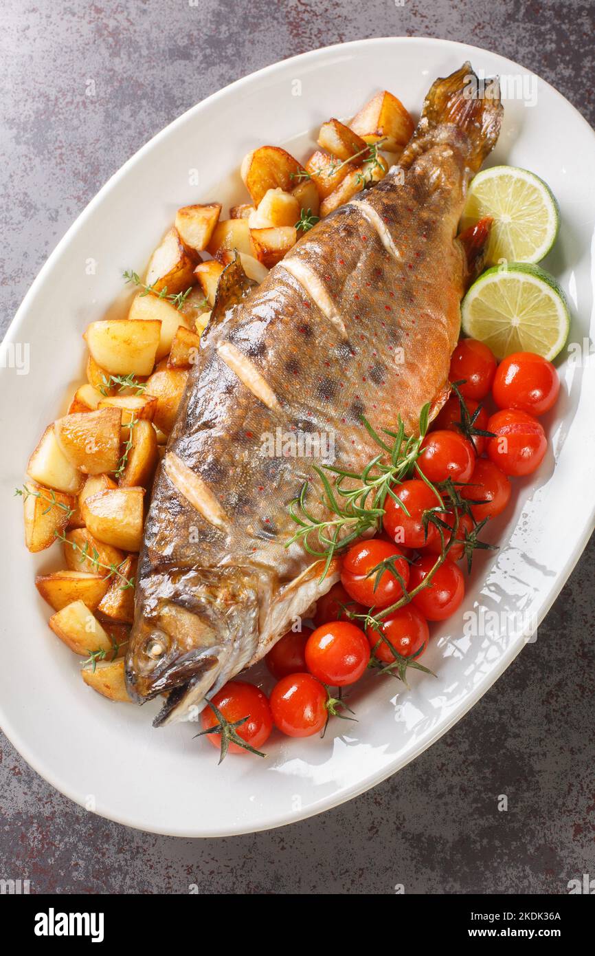 Poisson entier cuit à l'omble chevalier au thym et au romarin servi ...