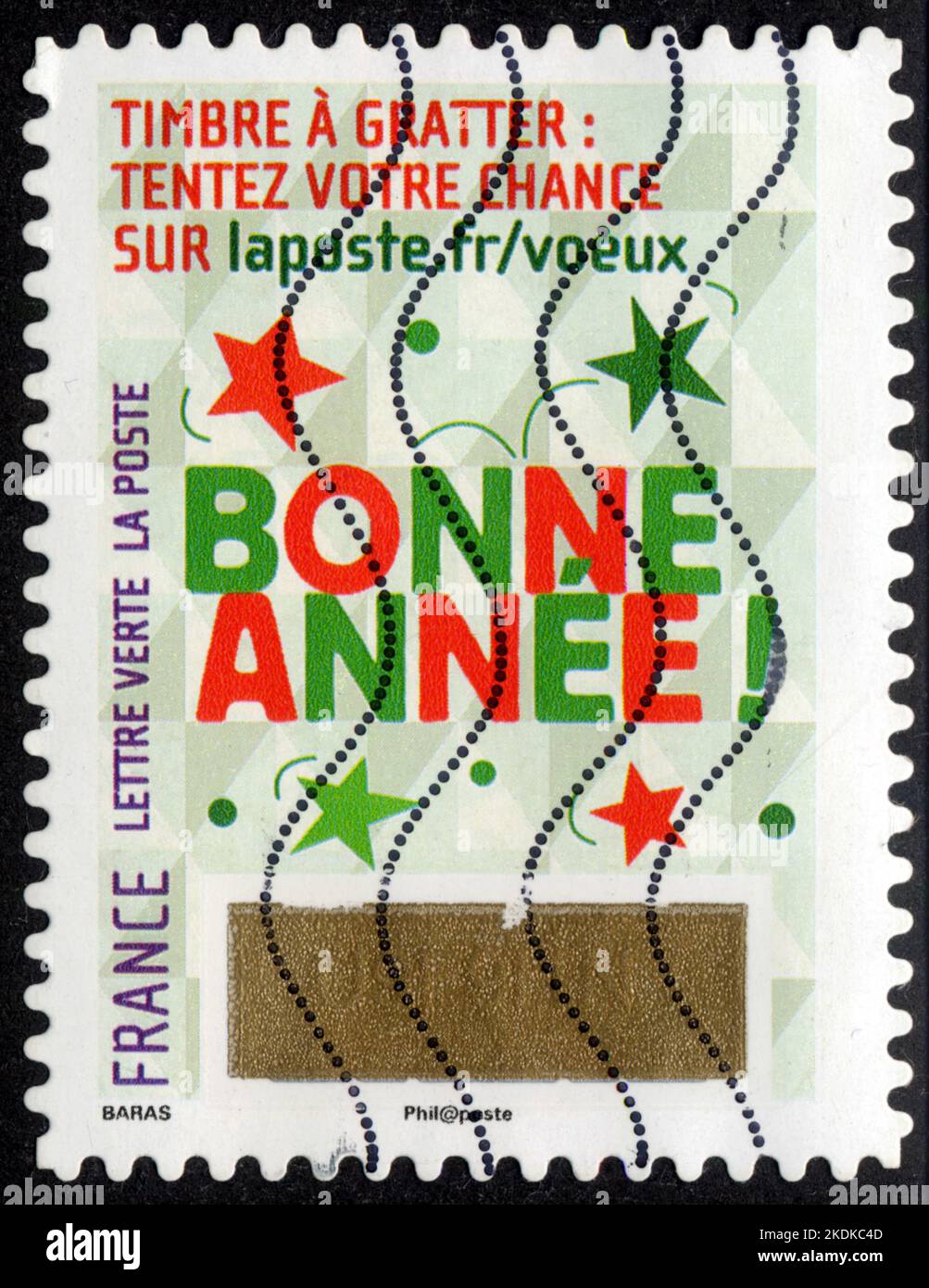 Timbre oblitéré bonne année, timbre à gratter, tentez votre chance ...