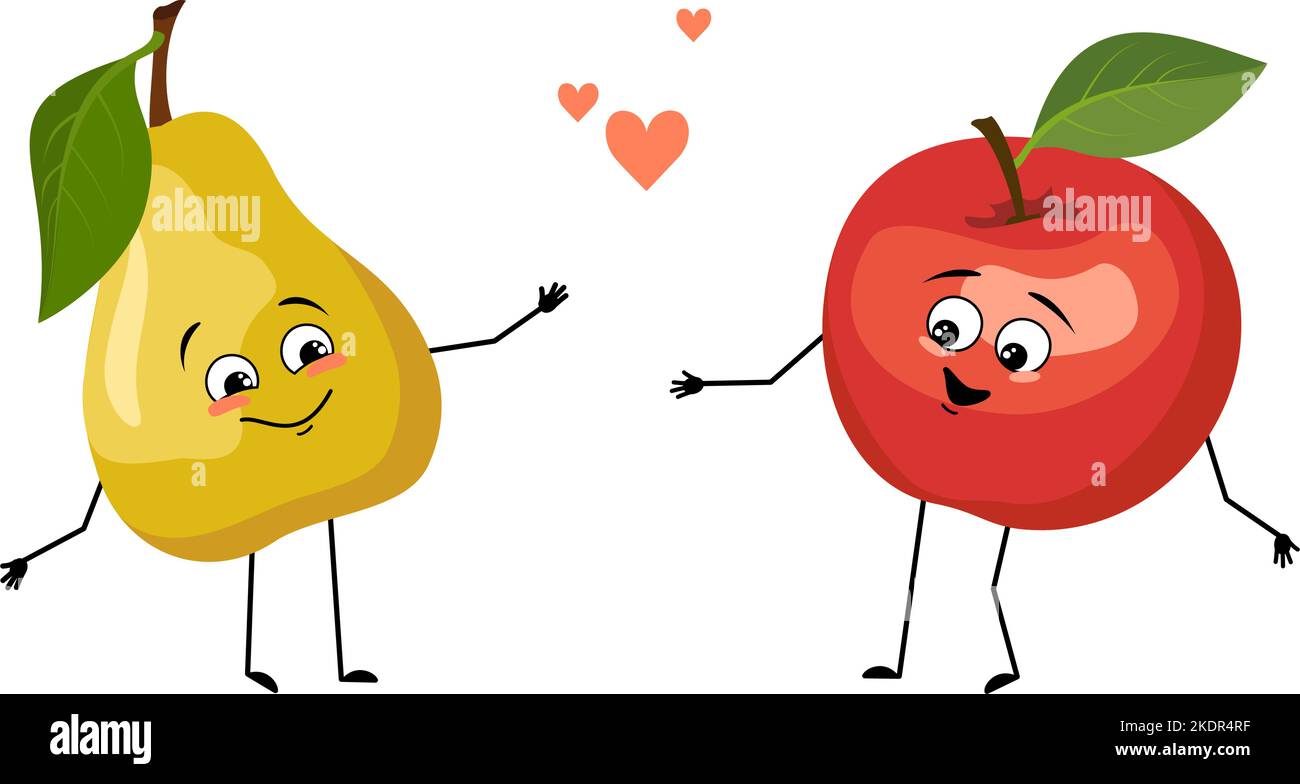 Les personnages de poire et de pomme avec des émotions d'amour, le ...