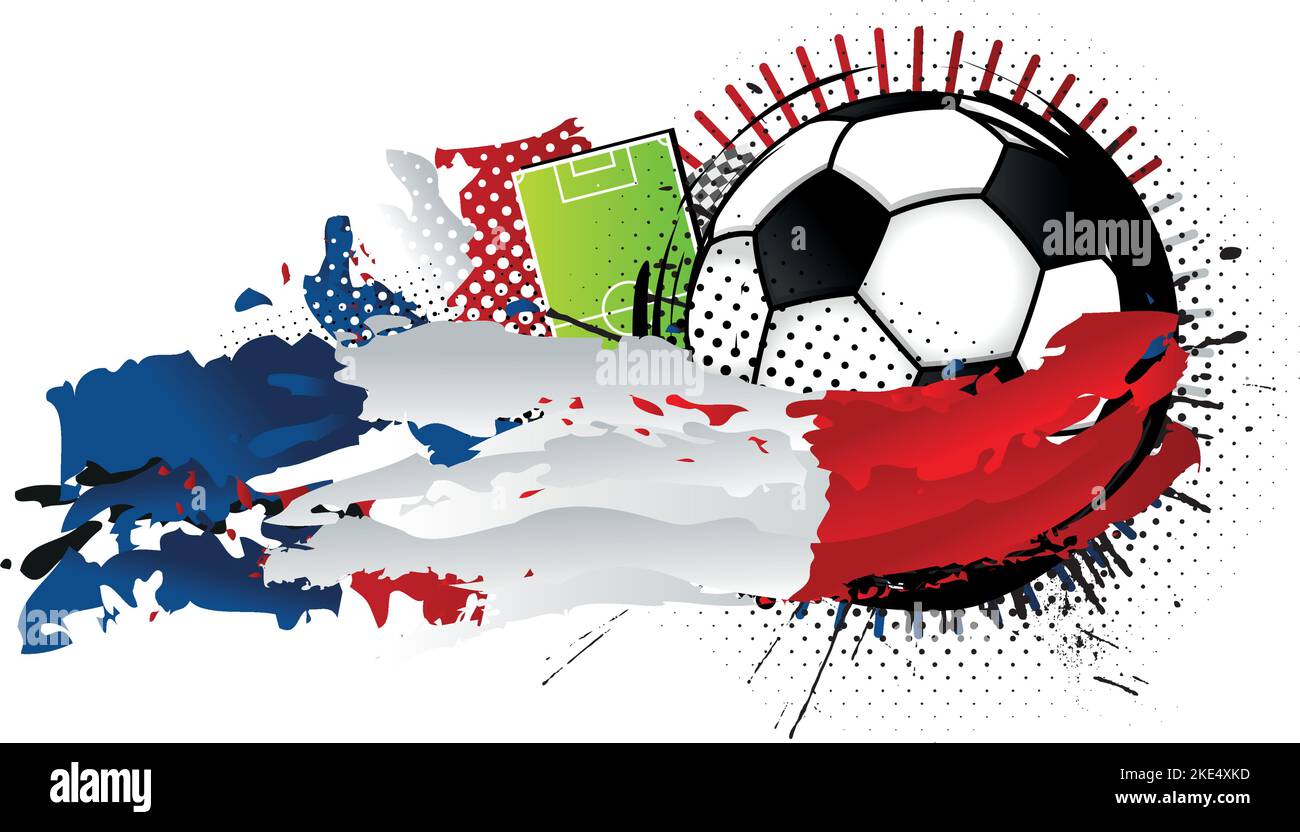 Ballon de football noir et blanc entouré de taches bleues, blanches et ...