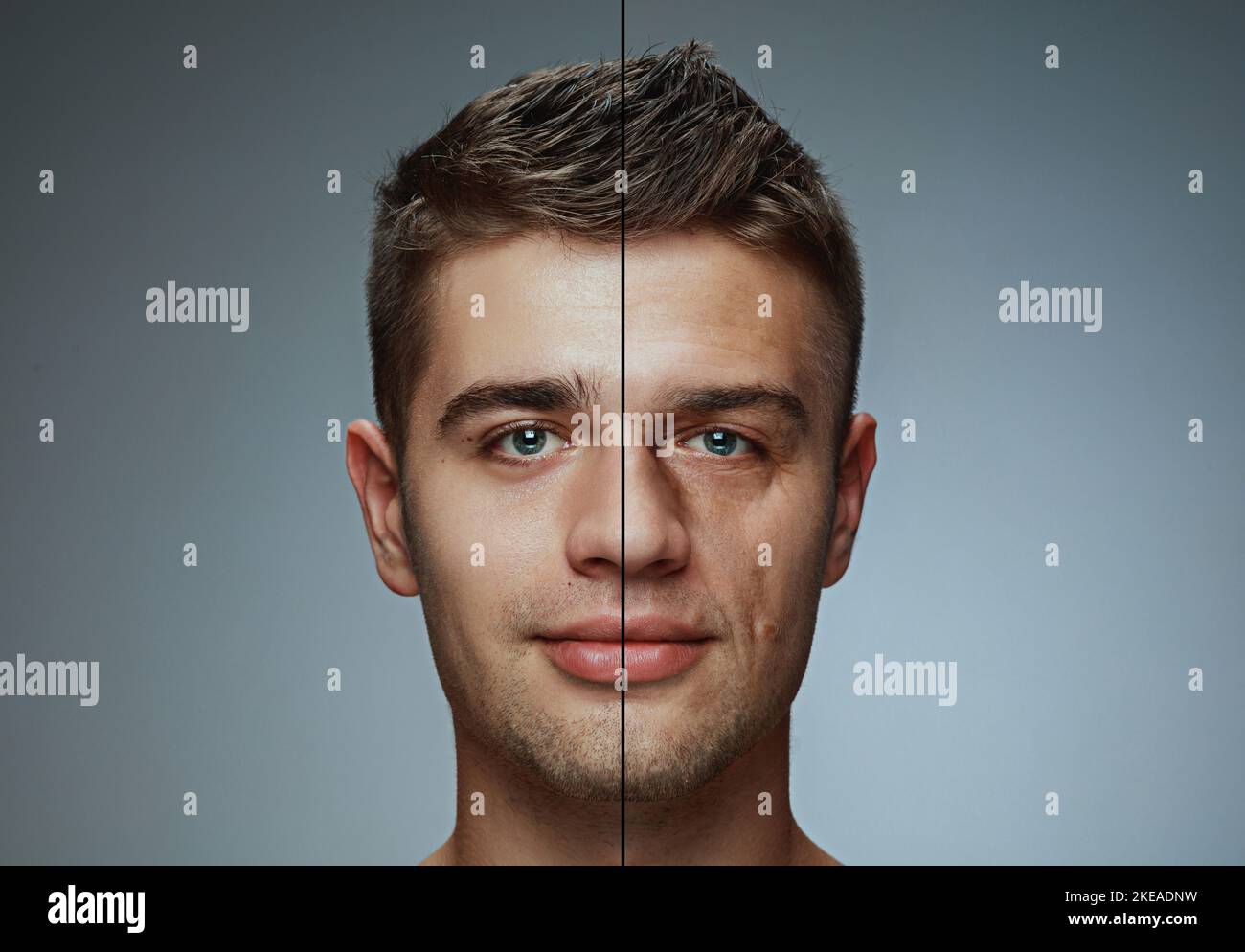 Portrait d'un jeune homme en deux étapes d'âge. Jeunesse et maturité ...