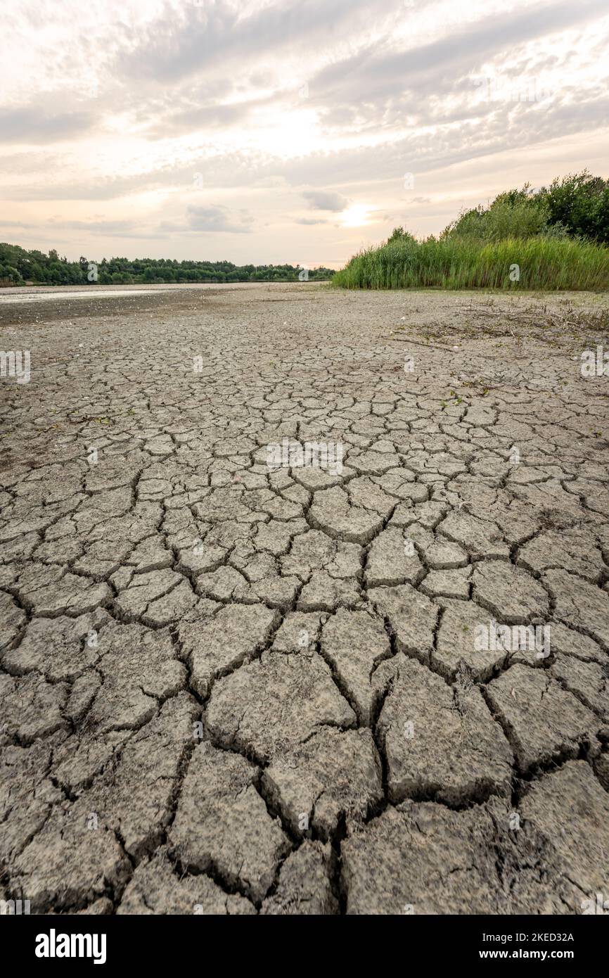 La vue verticale de la surface fissurée d'un lac sec avant la verdure ...