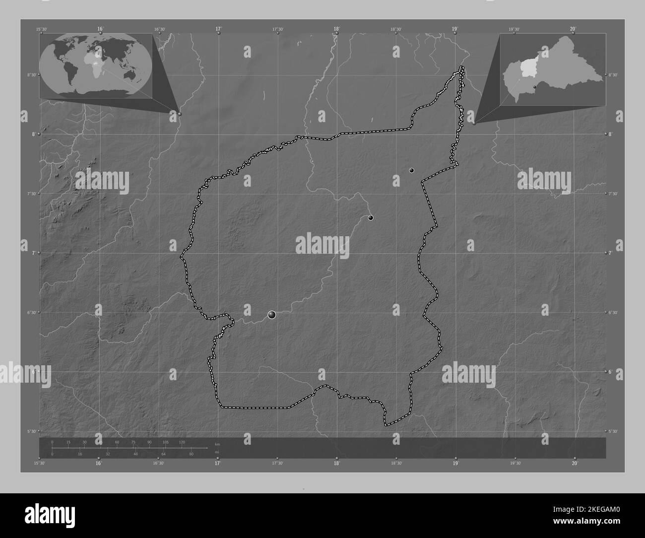 Ouham, préfecture de la République centrafricaine. Carte d'altitude en ...