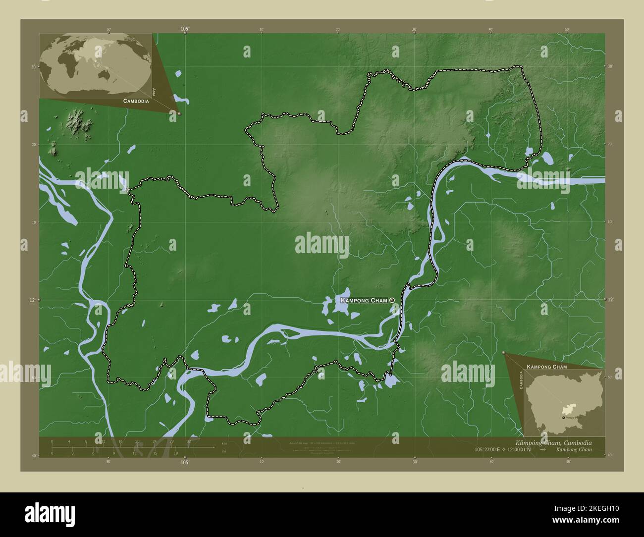 Kampong Cham, province du Cambodge. Carte d'altitude colorée en style ...