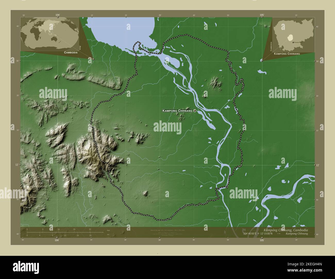 Kampong Chhnang, province du Cambodge. Carte d'altitude colorée en ...