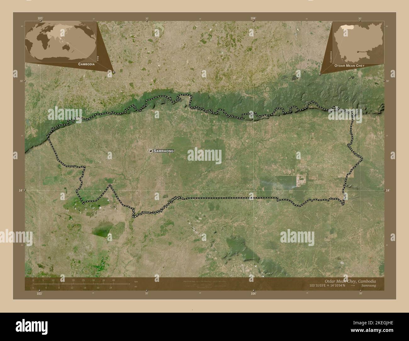 Otdar Mean Chey, province du Cambodge. Carte satellite basse résolution ...