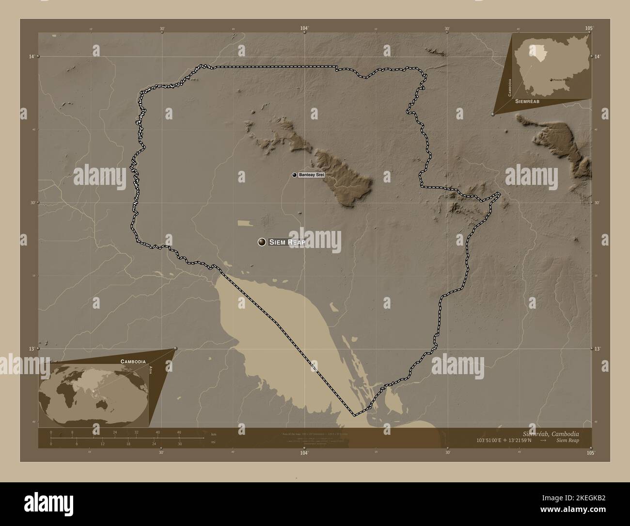 Siemreab, province du Cambodge. Carte d'altitude colorée en tons sépia ...
