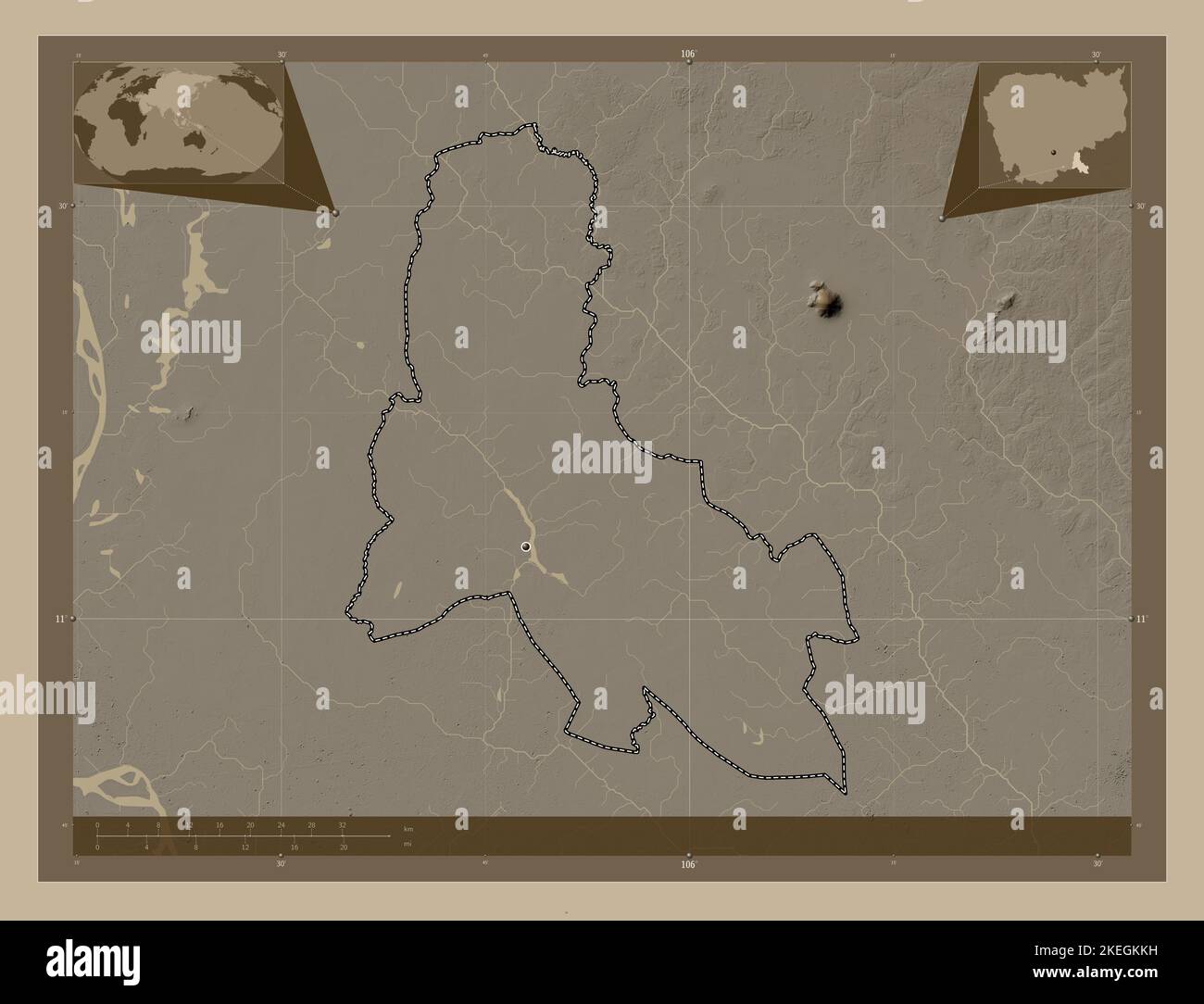 Svay Rieng, province du Cambodge. Carte d'altitude colorée en tons ...