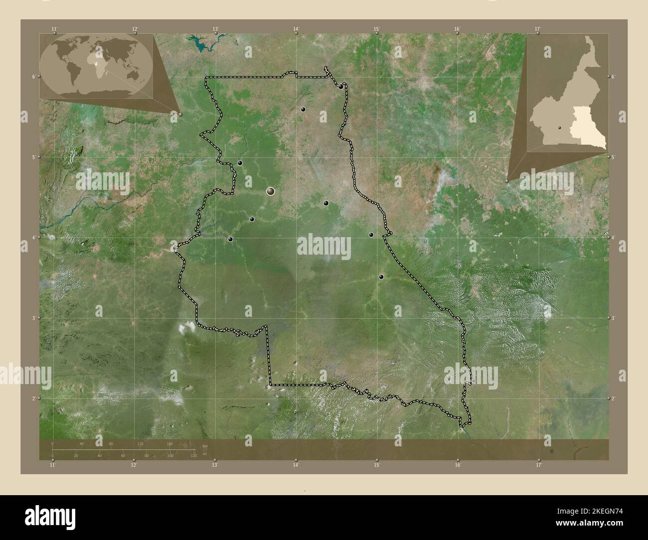 Est, région du Cameroun. Carte satellite haute résolution. Lieux des ...