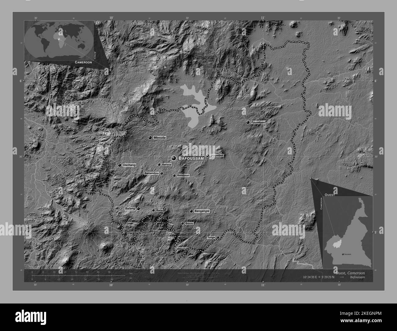Ouest, région du Cameroun. Carte d'altitude à deux niveaux avec lacs et ...