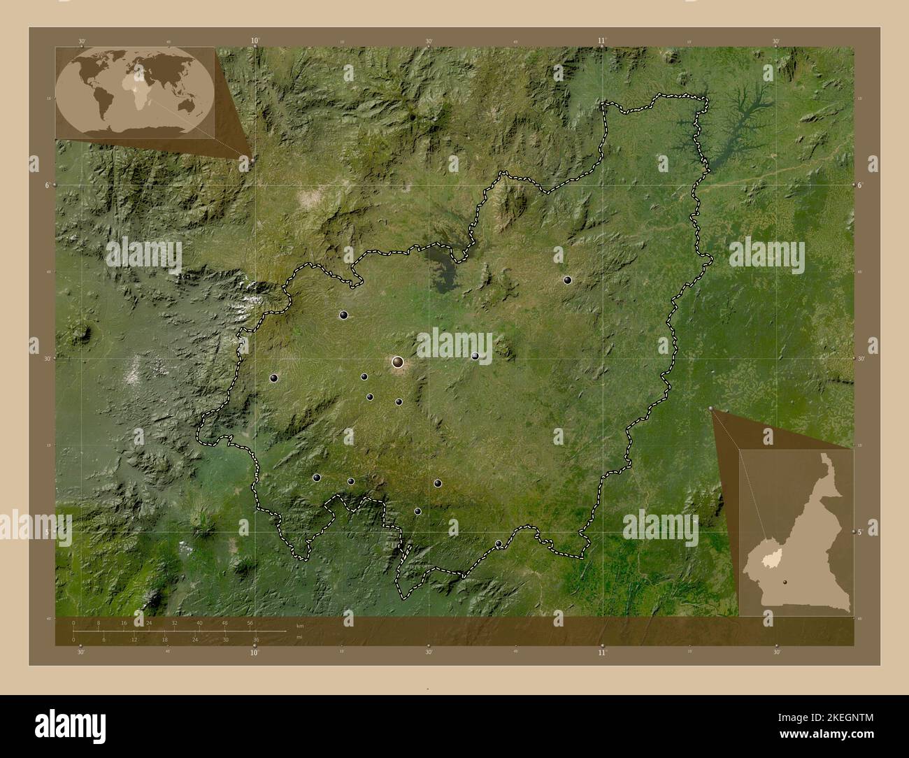 Ouest, région du Cameroun. Carte satellite basse résolution. Lieux des ...