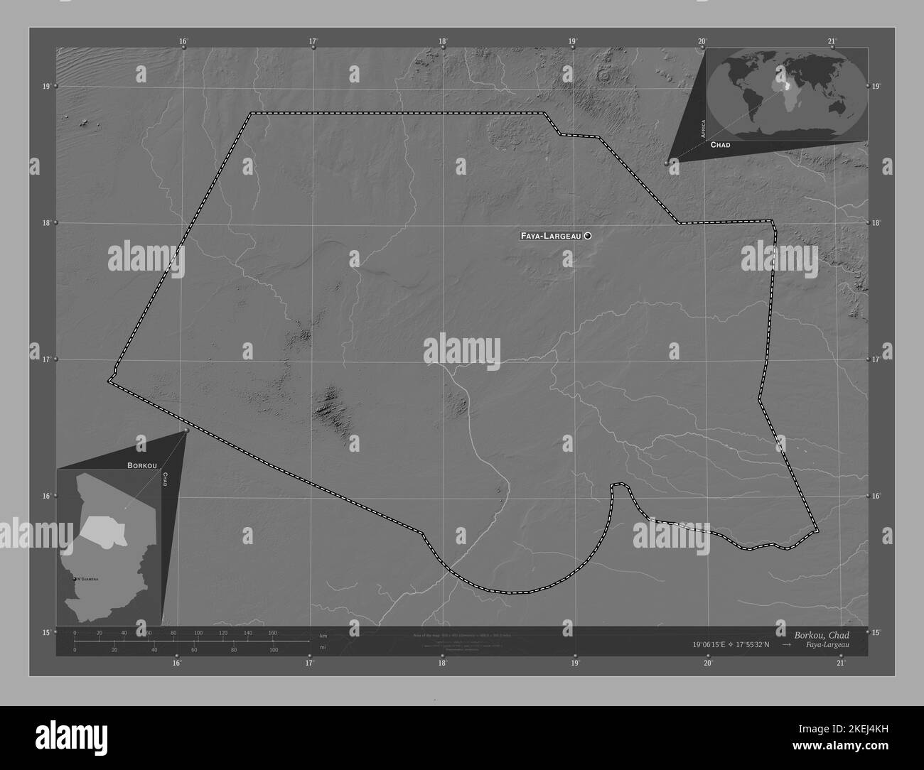 Borkou, région du Tchad. Carte d'altitude à deux niveaux avec lacs et ...
