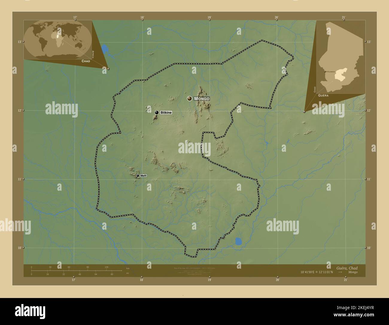 Guera, région du Tchad. Carte d'altitude en couleur avec lacs et ...