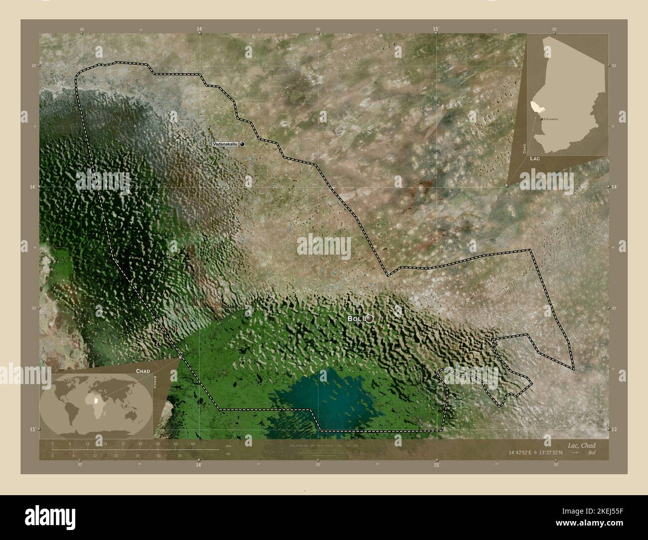 Lac, région du Tchad. Carte satellite haute résolution. Lieux et noms ...