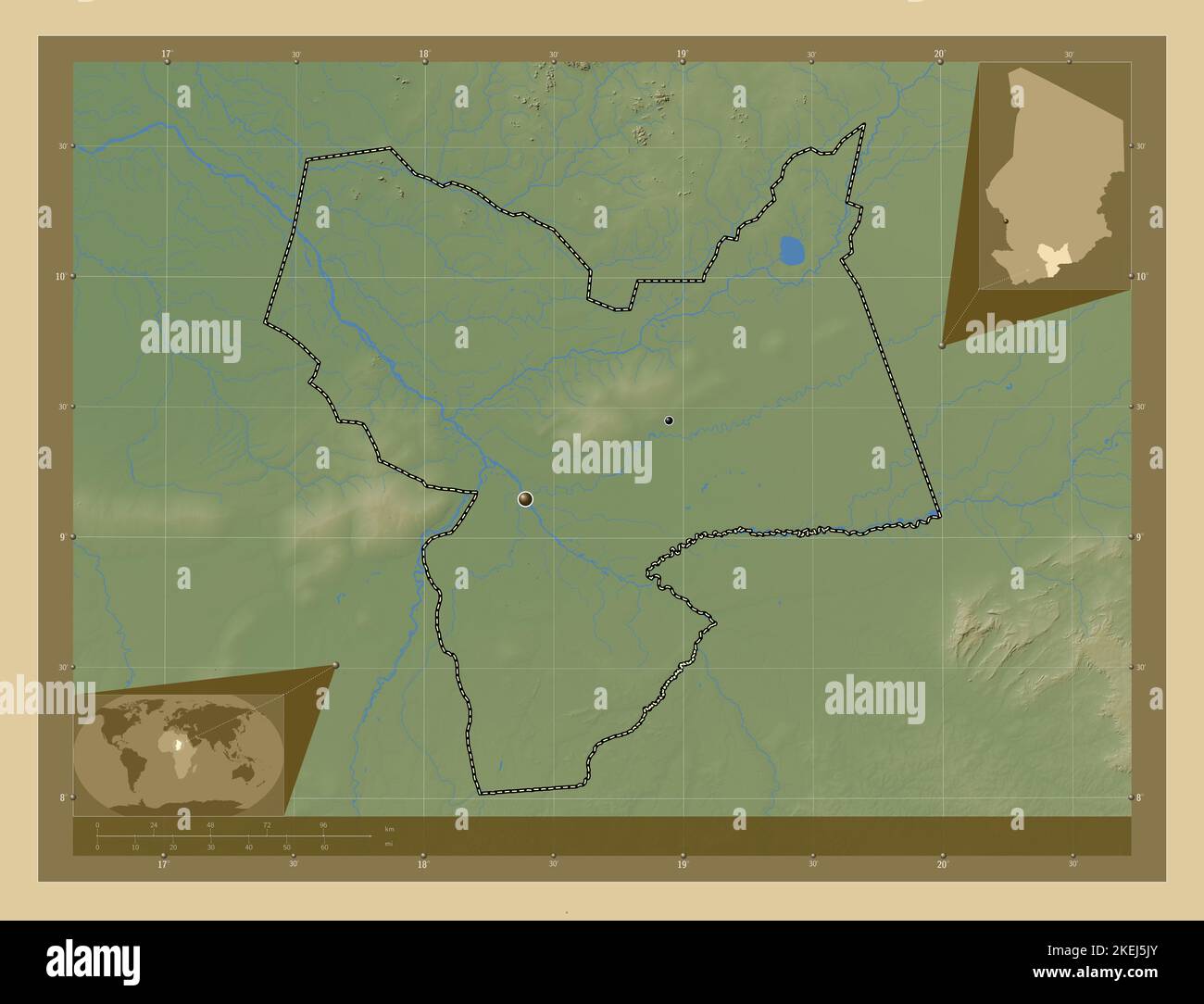 Moyen-Chari, région du Tchad. Carte d'altitude en couleur avec lacs et ...
