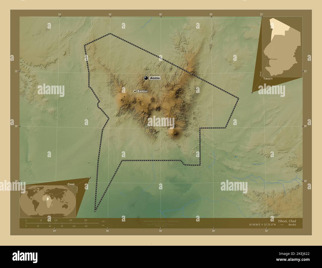 Tibesti, région du Tchad. Carte d'altitude en couleur avec lacs et ...