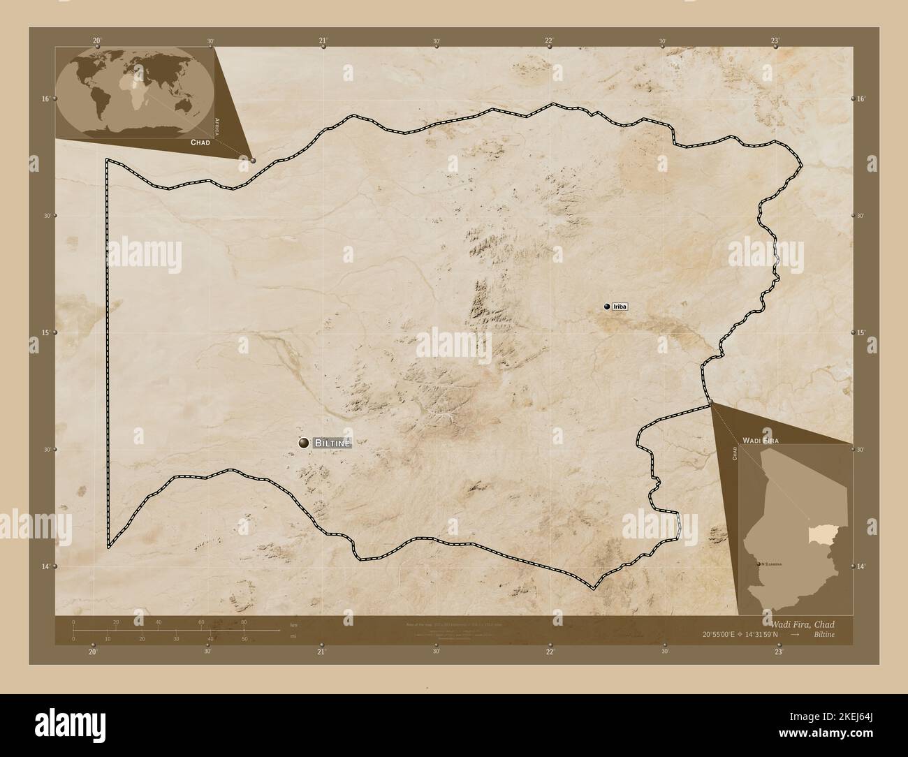 Wadi Fira, région du Tchad. Carte satellite basse résolution. Lieux et ...