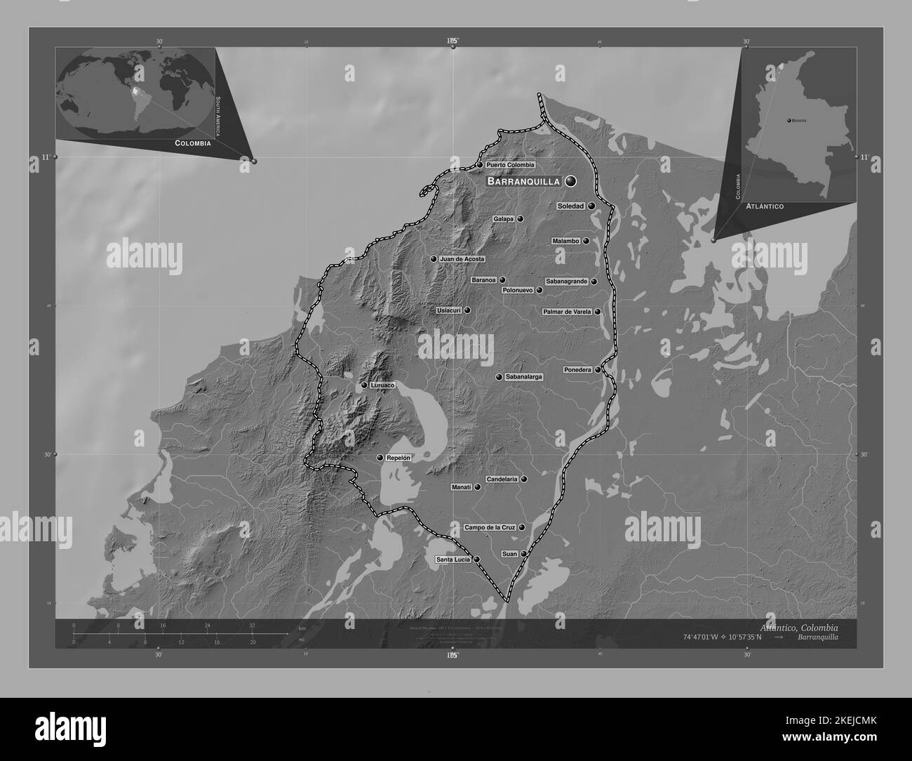 Atlantico, département de Colombie. Carte d'altitude à deux niveaux ...