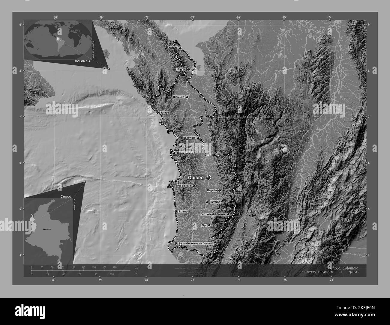 Choco, département de Colombie. Carte d'altitude à deux niveaux avec ...