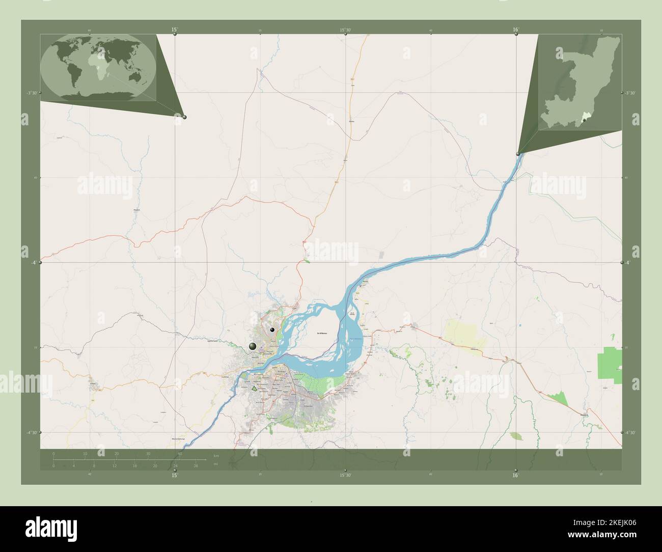 Brazzaville, région de la République du Congo. Ouvrez la carte des rues. Lieux des principales ...