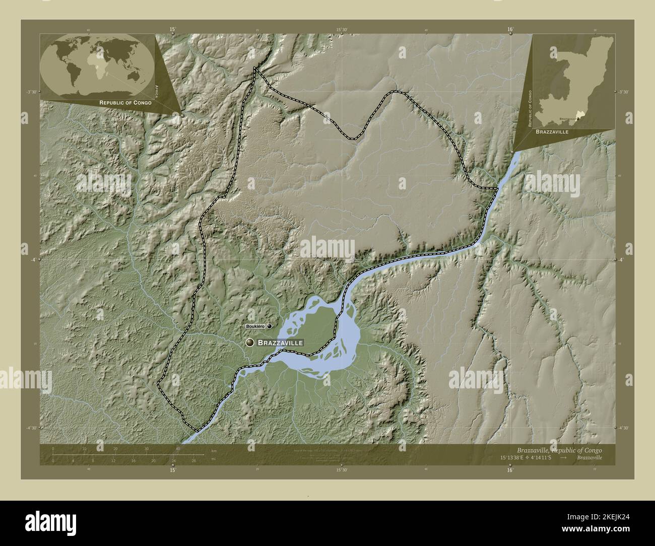 Brazzaville, région de la République du Congo. Carte d'altitude colorée ...