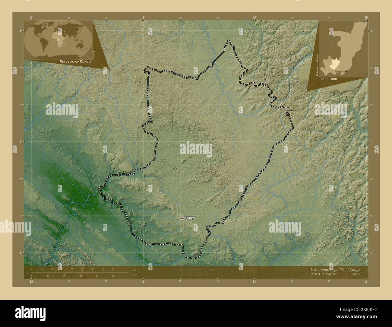 Lekoumou, région de la République du Congo. Carte d'altitude en couleur ...