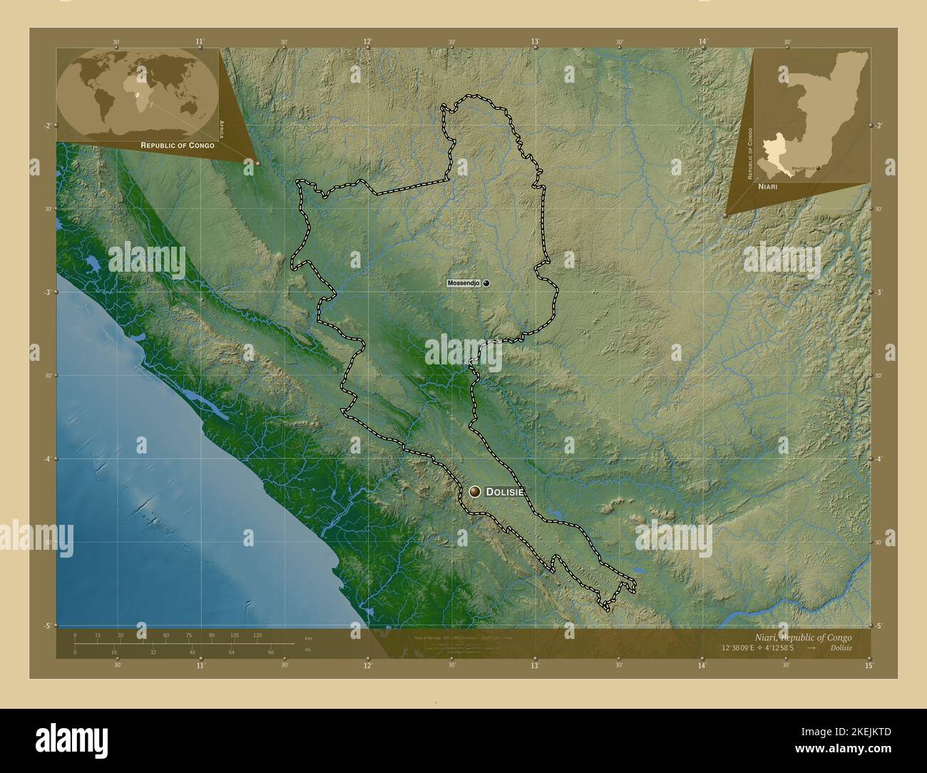 Niari, région de la République du Congo. Carte d'altitude en couleur ...