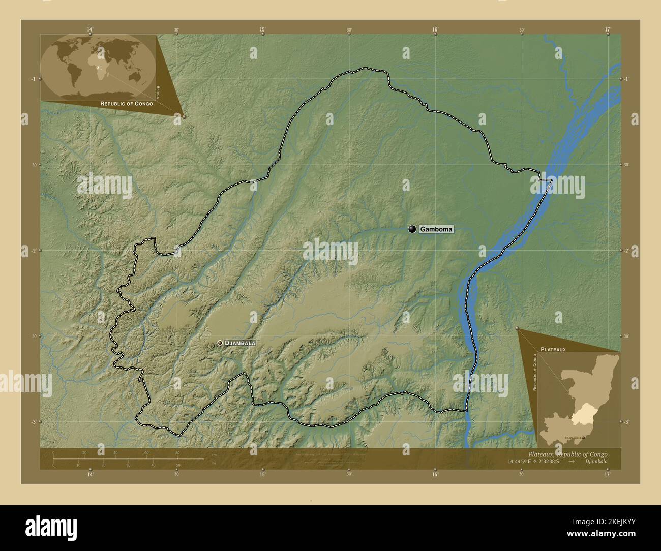 Plateaux, région de la République du Congo. Carte d'altitude en couleur ...