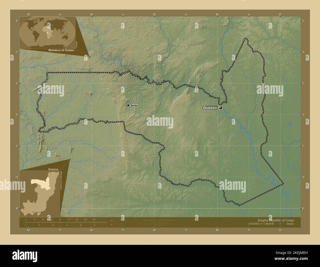 Sangha, région de la République du Congo. Carte d'altitude en couleur ...