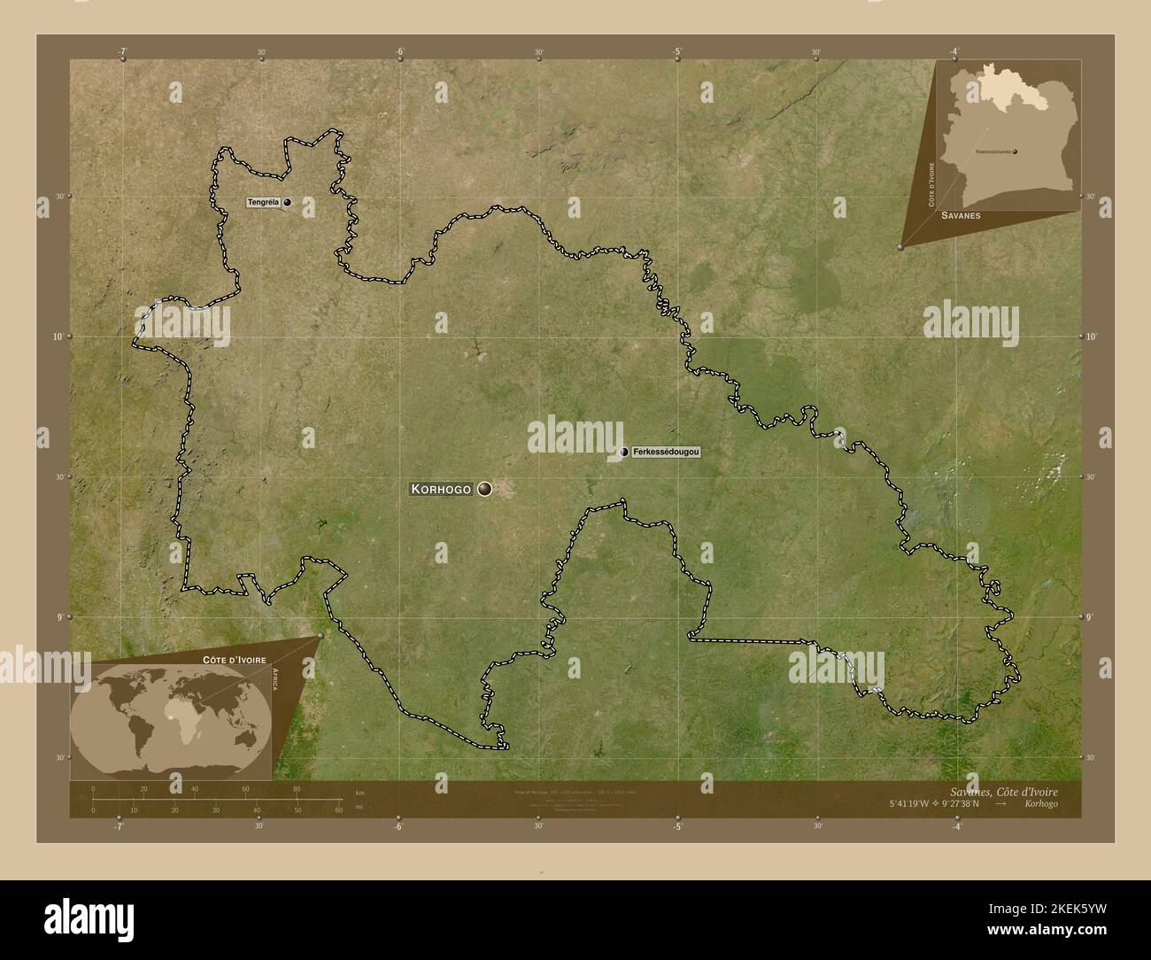 Savanes, quartier de la Côte d'Ivoire. Carte satellite basse résolution ...